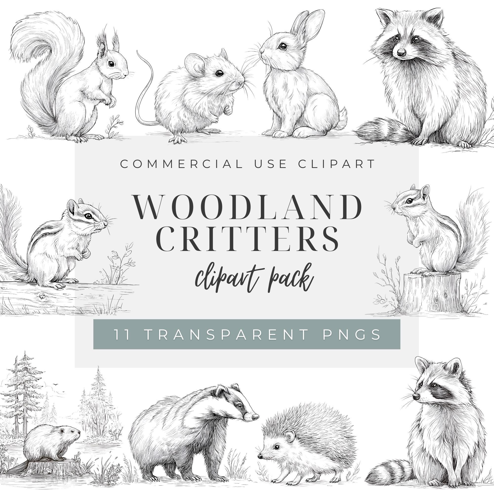 Woodland Critters Clipart, Forest Animal Line Art Pngs for Making ...