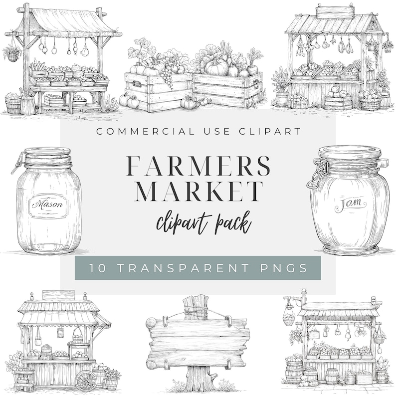 Farmers Market Clipart, Vintage Produce Stand PNG Set, Rustic Mason Jar ...