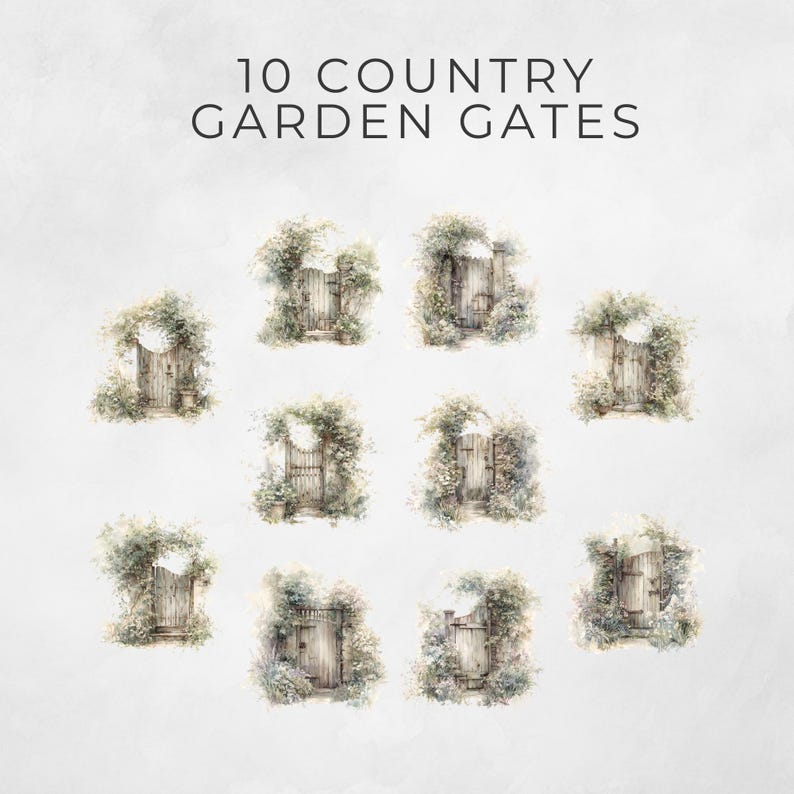 Country Garden Gates Clipart Bundle, Watercolor Cottage Gate Pngs ...