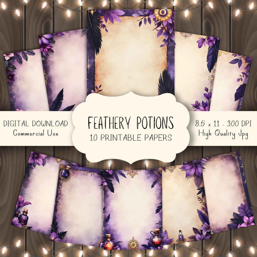 Feathery Potions Printable Paper Pack, Purple Feather & Potion Bottle ...