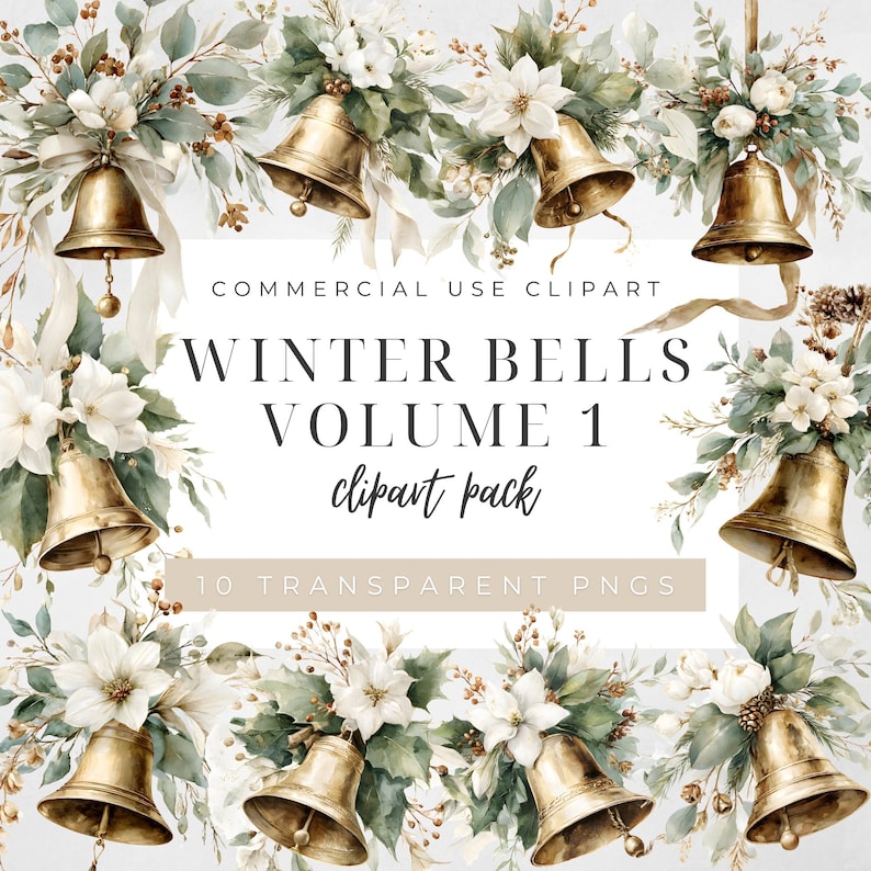 Vintage Winter Bells Clipart Collection, Elegant Christmas Church Bell ...