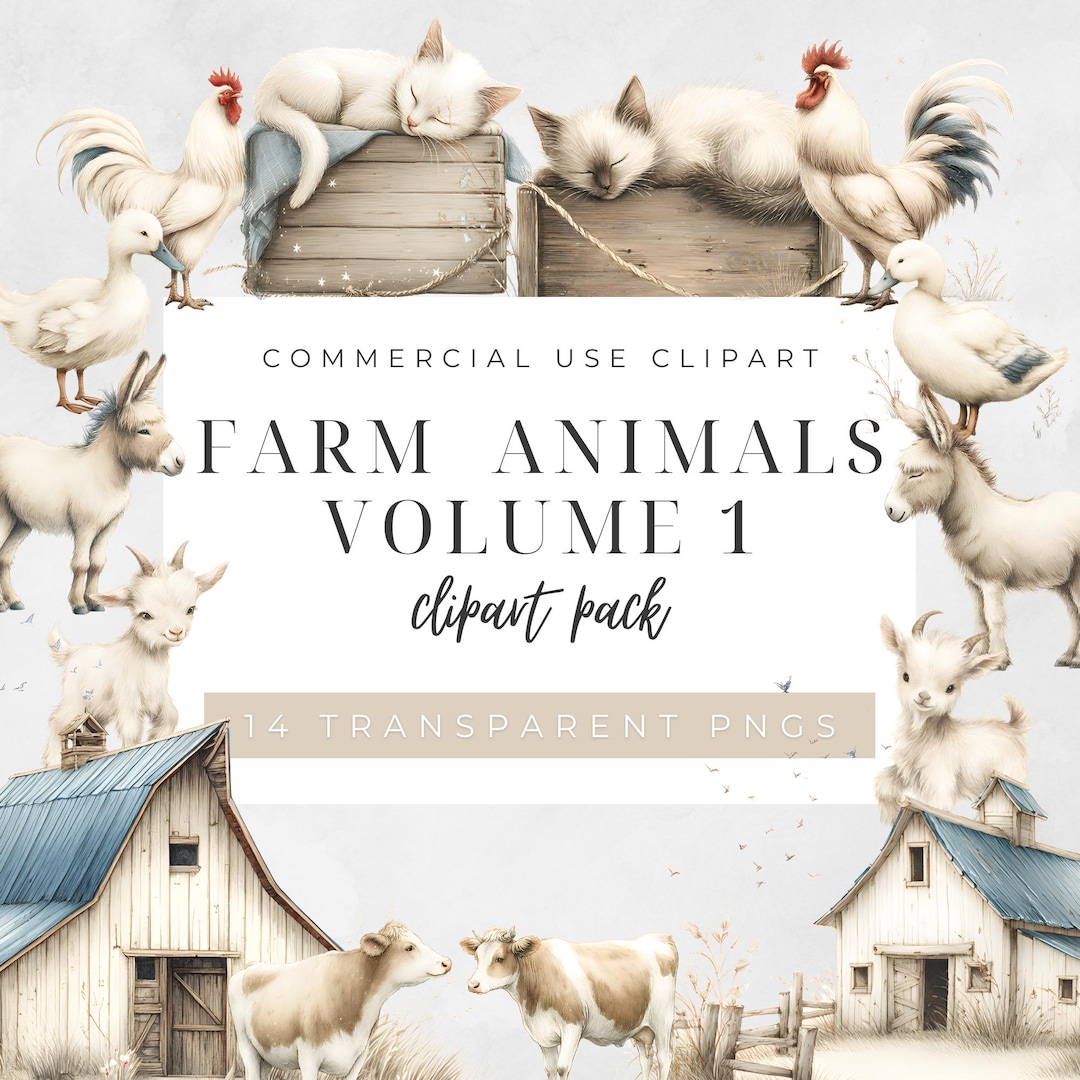 Farm Animal Clipart Bundle, Rustic Countryside Livestock Illustrations ...