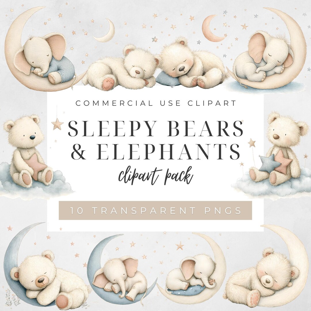 Sleepy Bears & Elephants Clipart Pack, Cute Bedtime Animal Pngs, Pastel ...