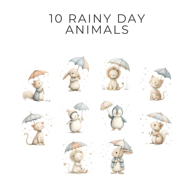Rainy Day Animals Clipart Pack, Cute Umbrella Animal Pngs, Spring ...