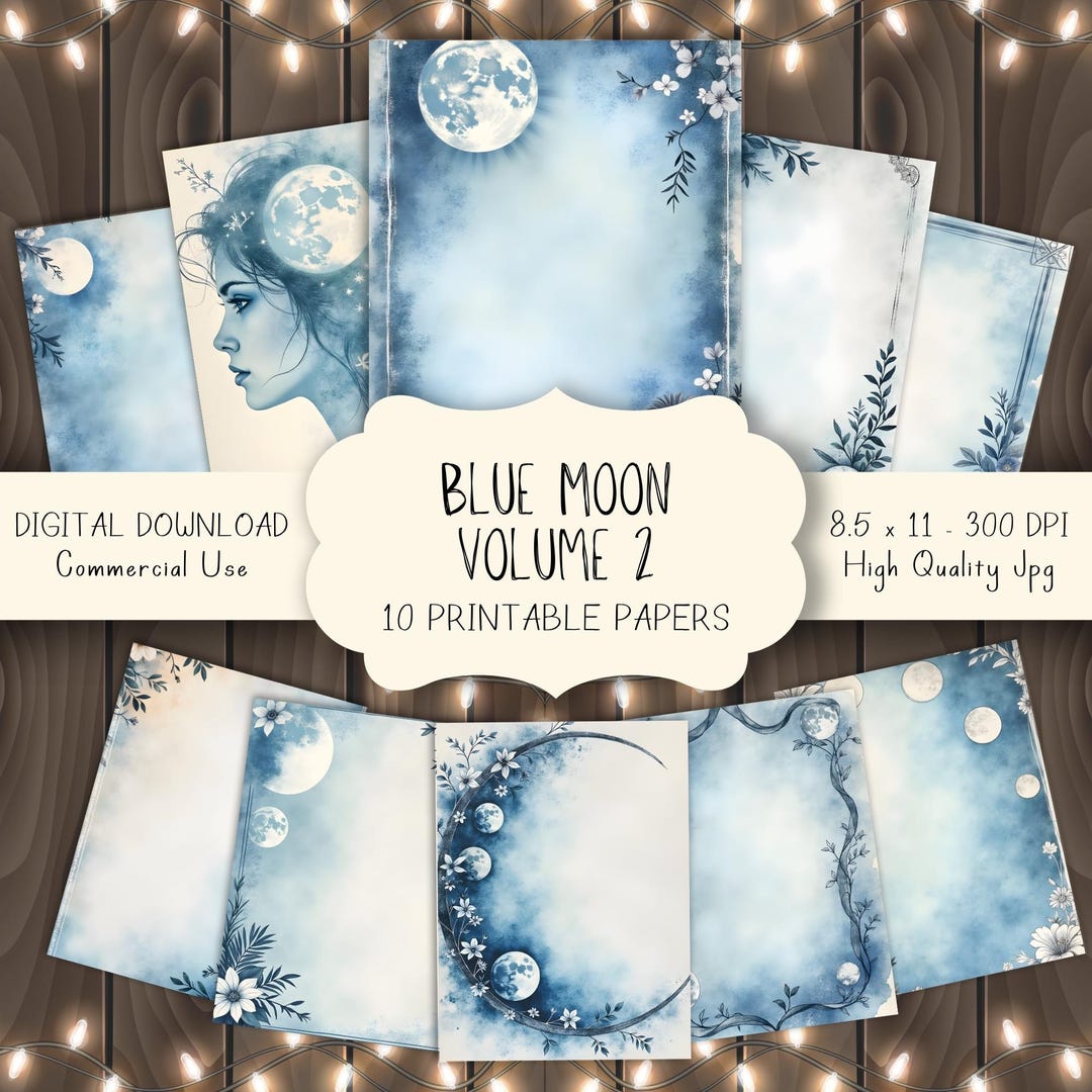 Blue Moon Printable Paper Pack, Celestial Watercolor Moon & Floral ...