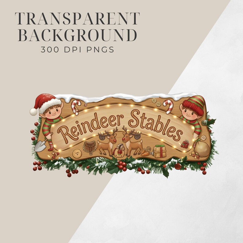 Cute Reindeer Stables Sign Clipart, Santa Reindeer Elf PNG, North Pole ...