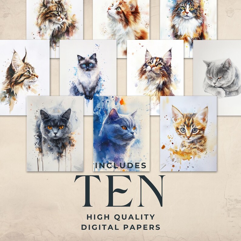 Cute Cats Printable Papers, Watercolor Kitten Portraits & Feline Art ...
