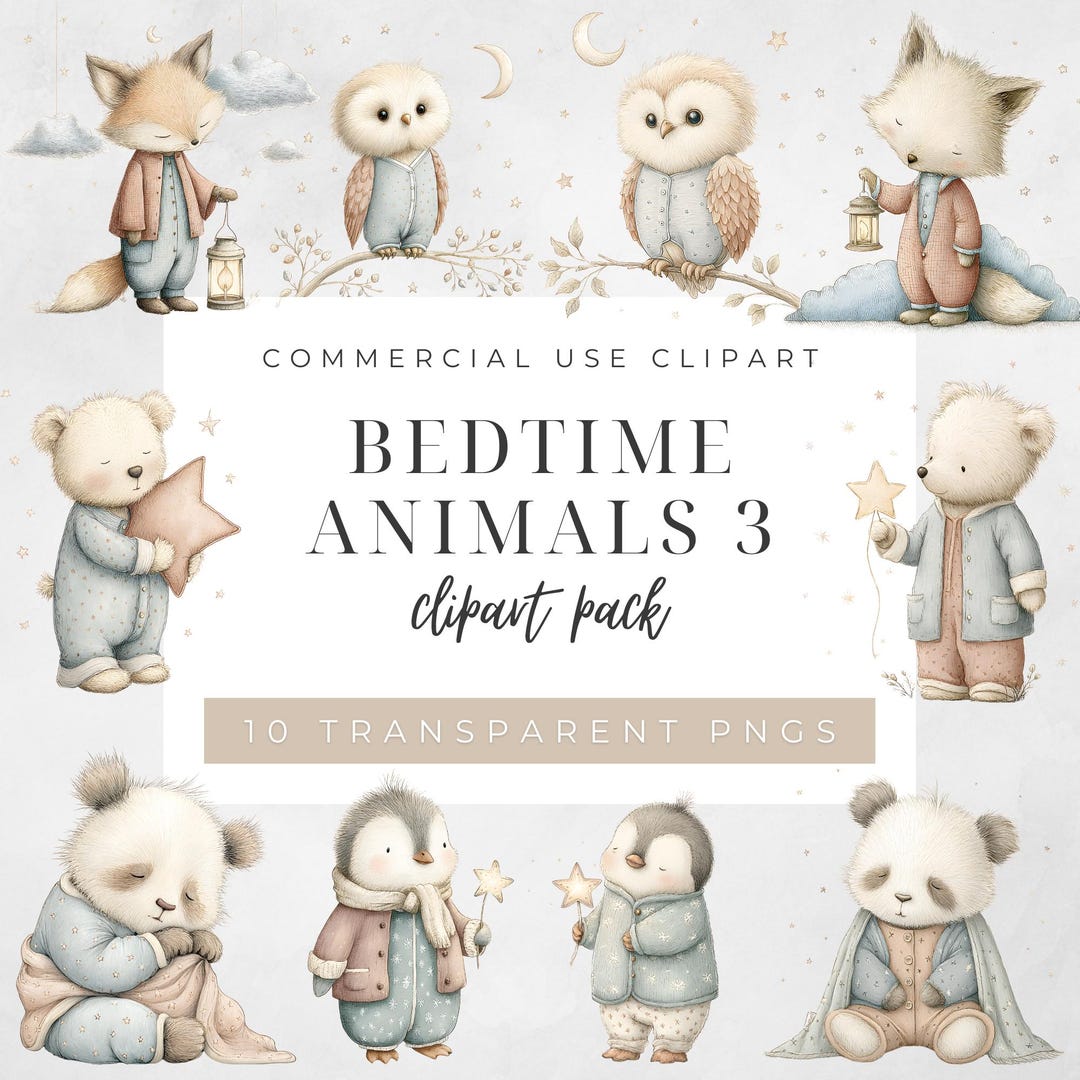 Bedtime Animals Clipart Pack, Cute Sleepy Animal Pngs, Nighttime ...