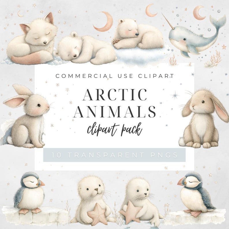 Arctic Animals Clipart Set, Cute Polar Bear Seal Narwhal Penguin Bunny ...