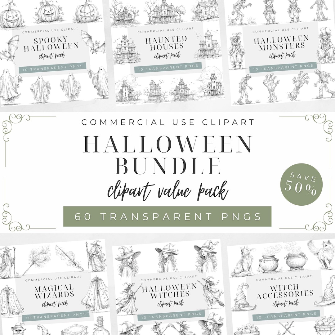 Black & White Halloween Clipart Bundle, Pack of Monsters, Witches ...