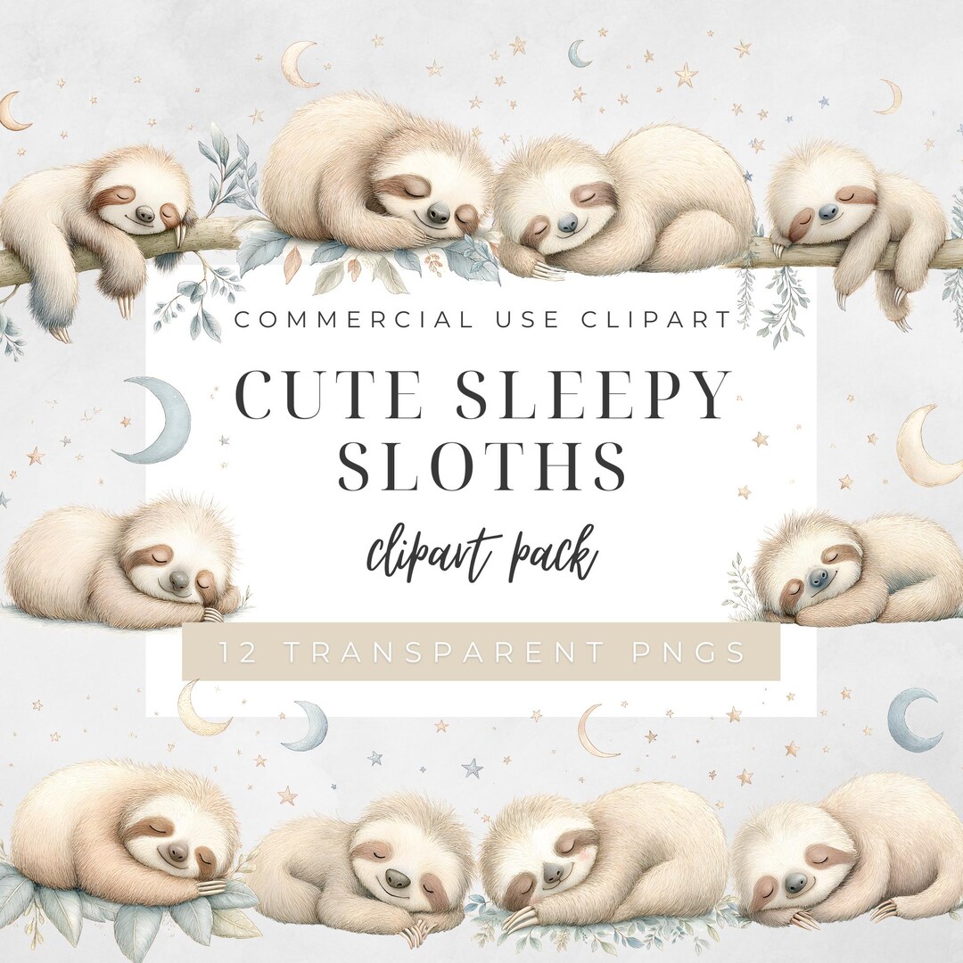 Cute Sleepy Sloths Clipart Pack, Baby Sloth Pngs With Moons and Stars ...