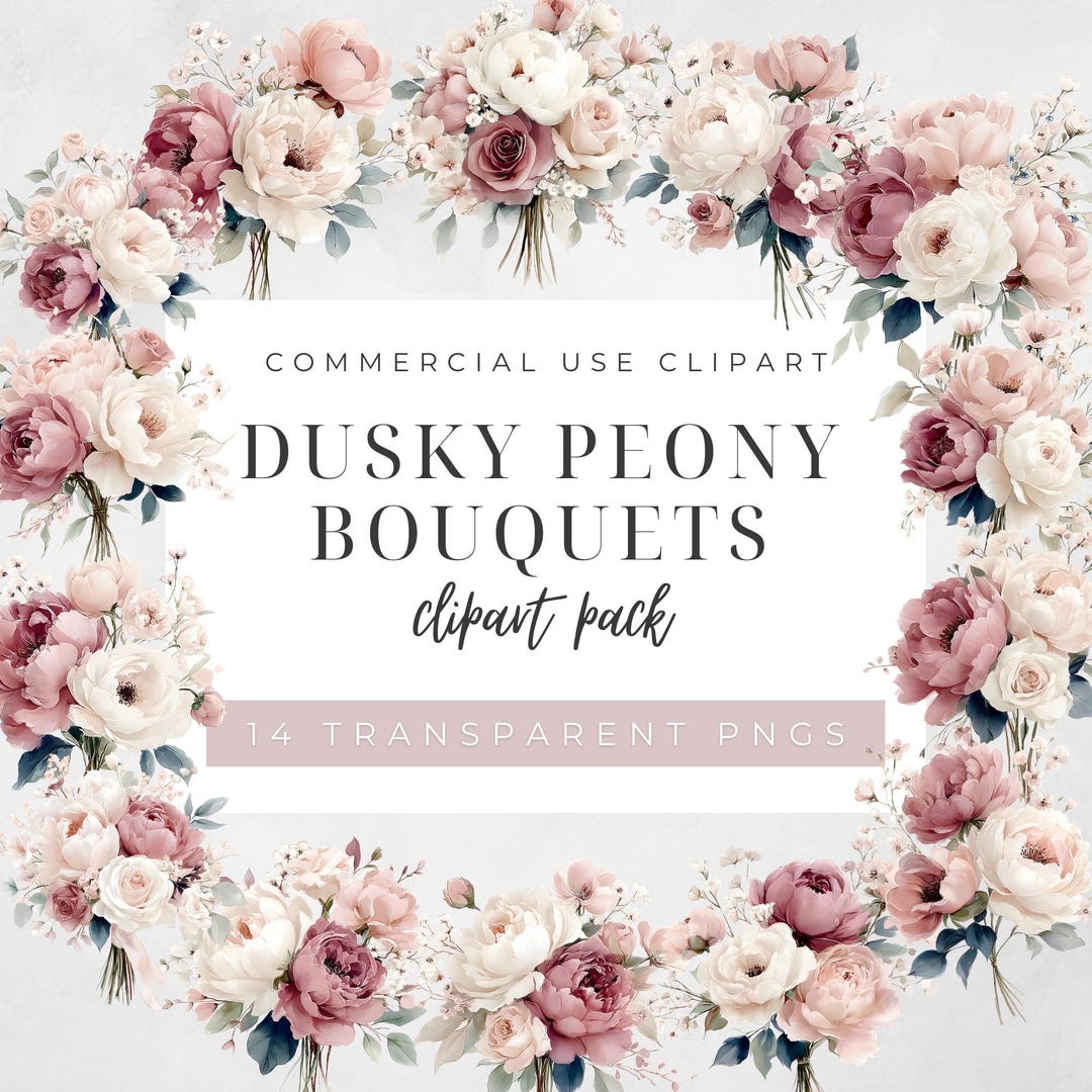 Wedding Dusky Peony Bouquet Clipart Set, Soft Blush Floral Pngs ...