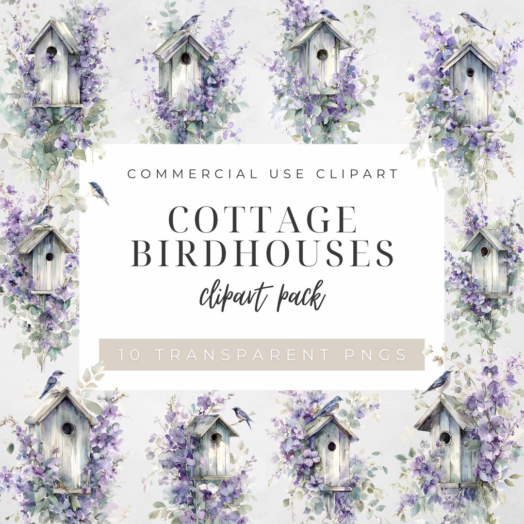 Cottage Birdhouse Clipart Set, Watercolor Garden Bird Houses PNG ...