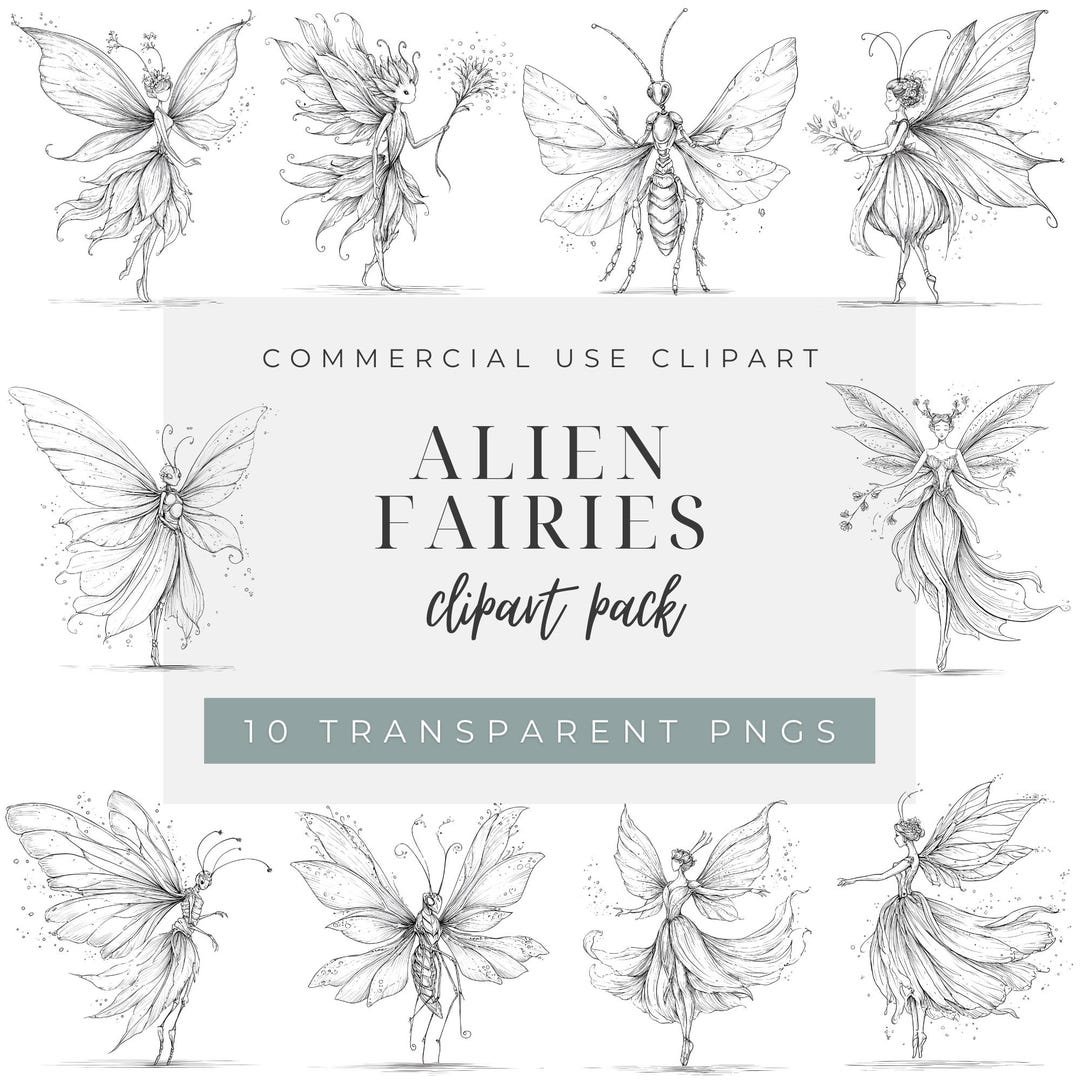 Alien Fairy Clipart, Fantasy Line Art Pngs for Making Coloring Pages ...
