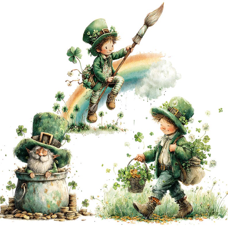 Clipart St Patricks Day Clipart Set, Whimsical Leprechaun Characters Pngs, Cute Irish Shamrock ...