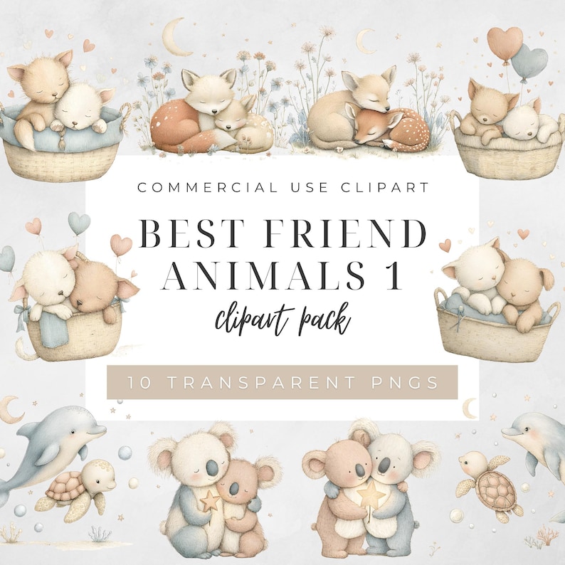 Best Friend Animals Clipart Pack, Cute Animal Friendship Pngs, Adorable ...