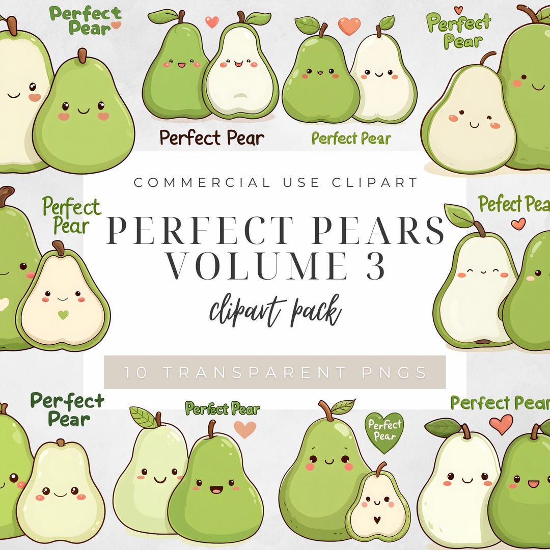 Perfect Pears Clipart Pack, Cute Kawaii Pear Pngs for Bridal Shower ...