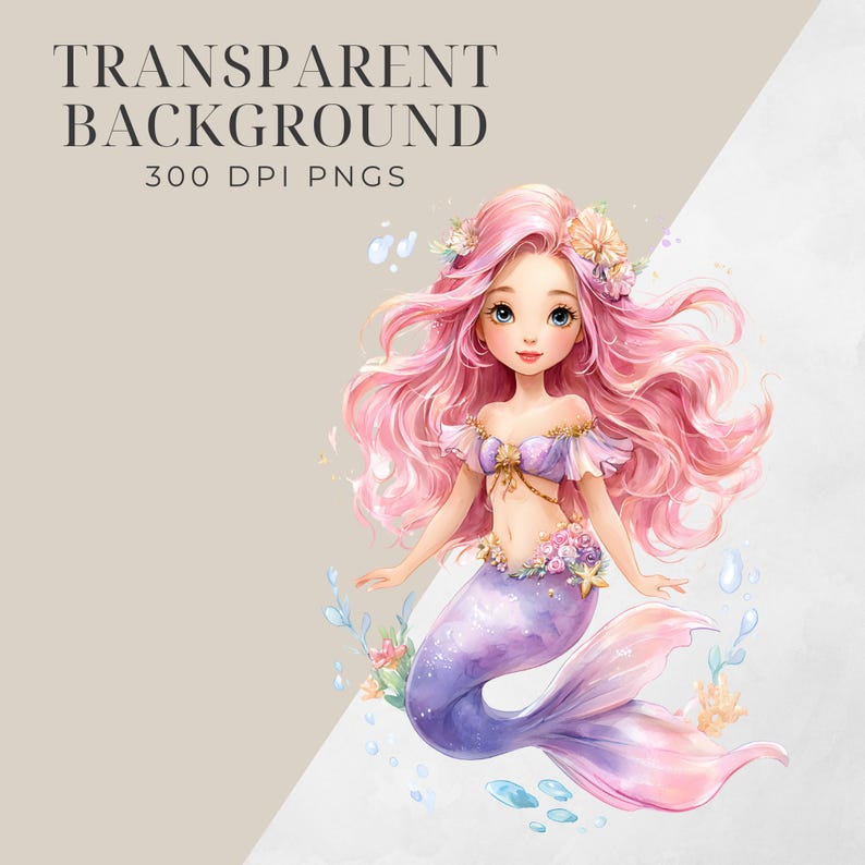 Magical Mermaid Clipart, Cute Watercolor Pink Hair Mermaid Illustration ...