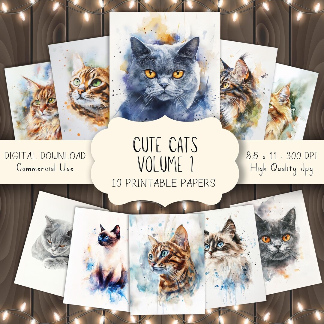 Cute Cats Printable Papers, Watercolor Cat Backgrounds & Feline Journal ...