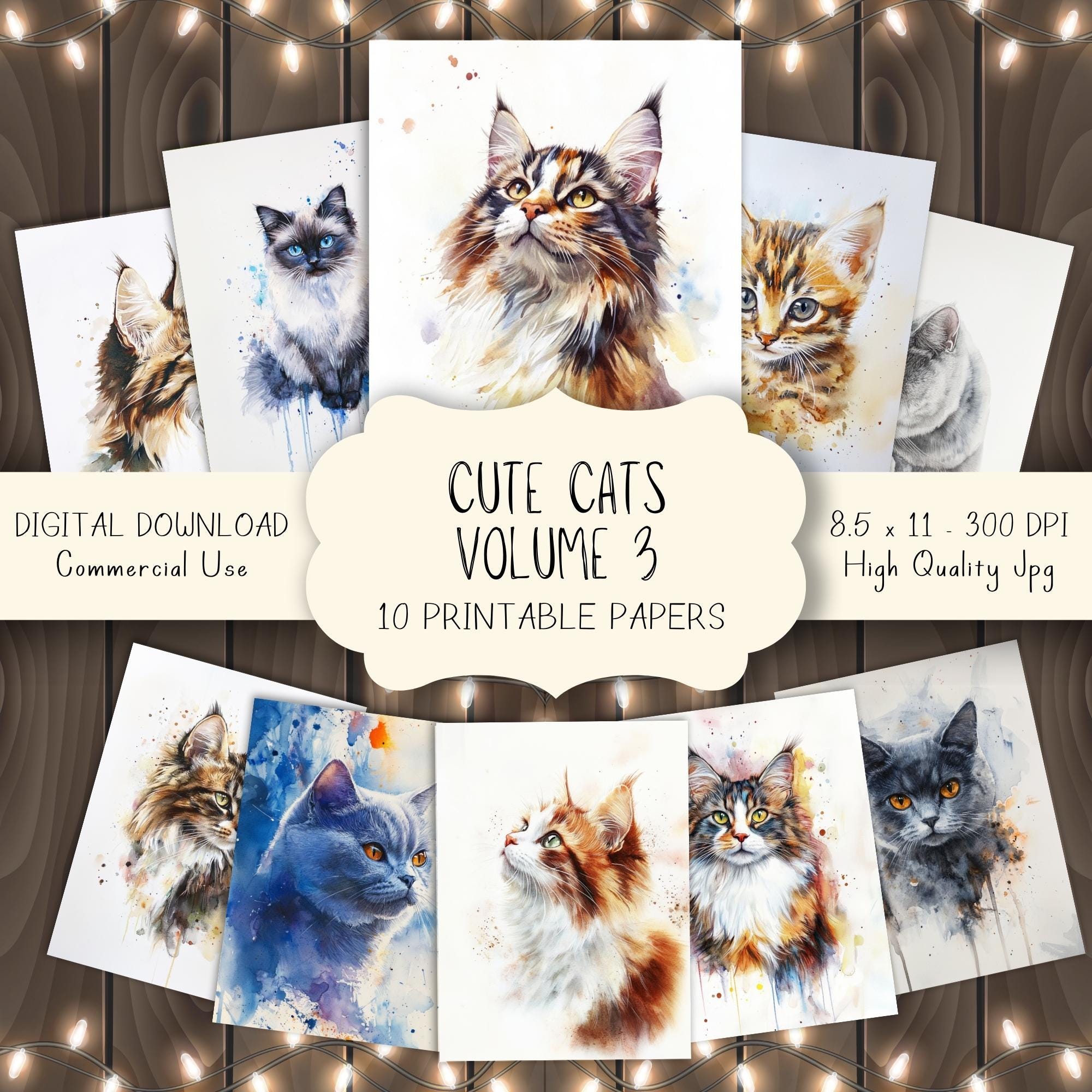 Cute Cats Printable Papers, Watercolor Kitten Portraits & Feline Art ...