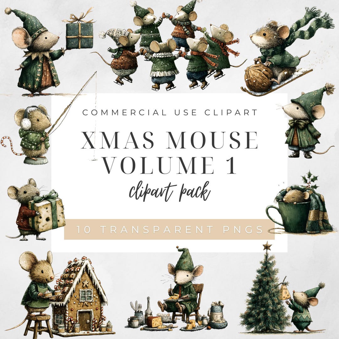 Christmas Mouse Clipart, Festive Holiday Mouse Pngs, Cute Xmas Winter ...