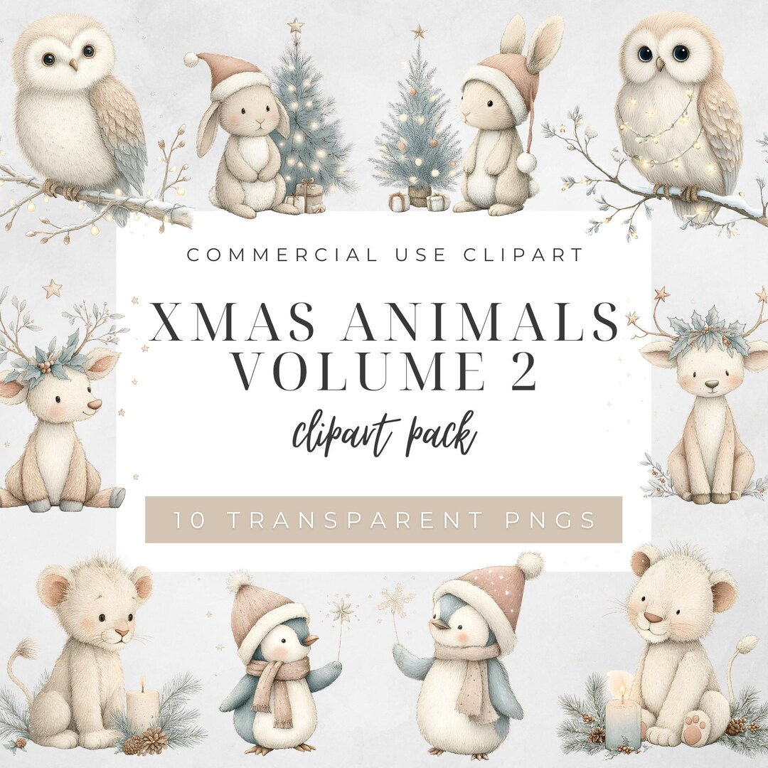 Xmas Animals Clipart Pack, Cute Christmas Animal Pngs, Baby Owl Bunny ...