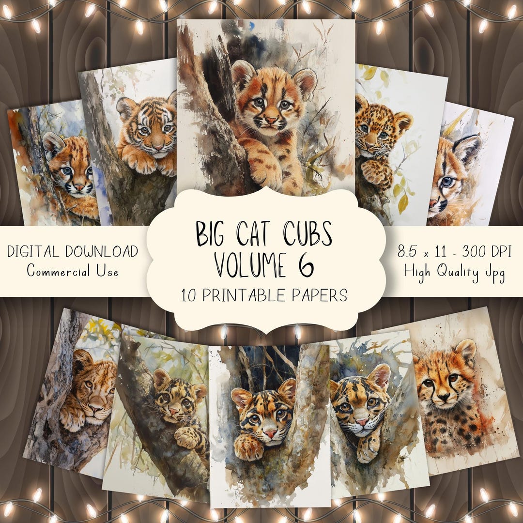Big Cat Cubs Printable Papers, Leopard & Lion Cub Digital Backgrounds ...
