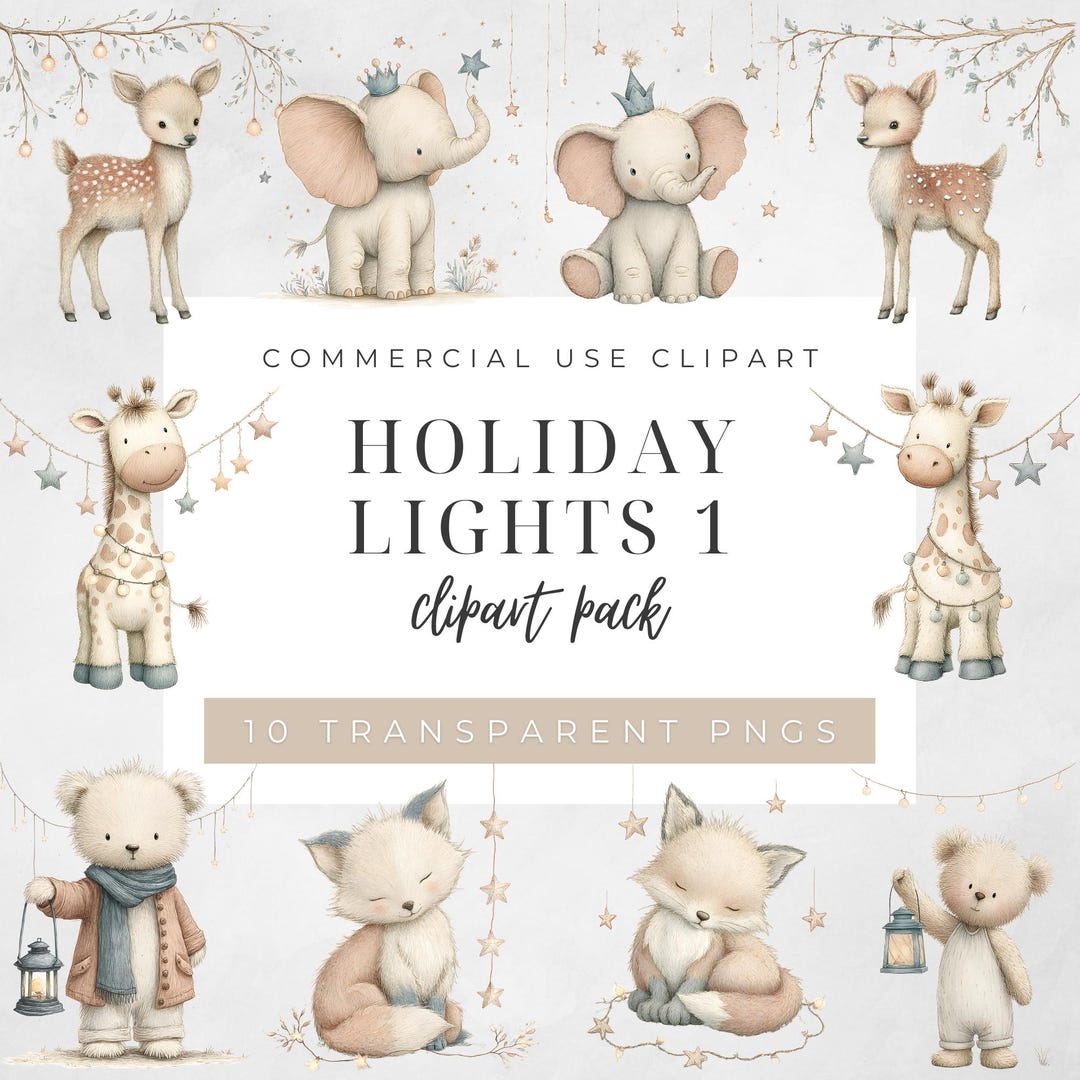 Holiday Lights Animals Clipart Pack, Cute Festive Animal Pngs, Winter ...