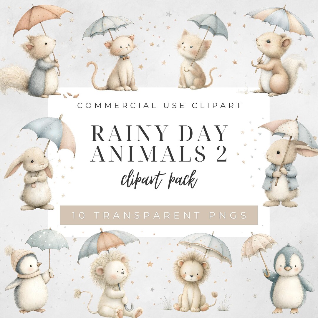 Rainy Day Animals Clipart Pack, Cute Umbrella Animal Pngs, Spring ...