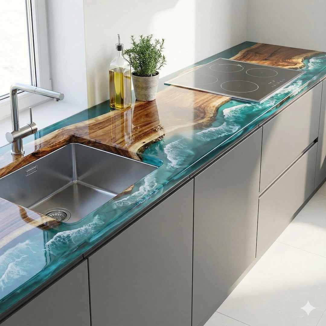 Epoxy Resin Kitchen Countertop Walnut Wood Ocean River Live Edge Slab ...