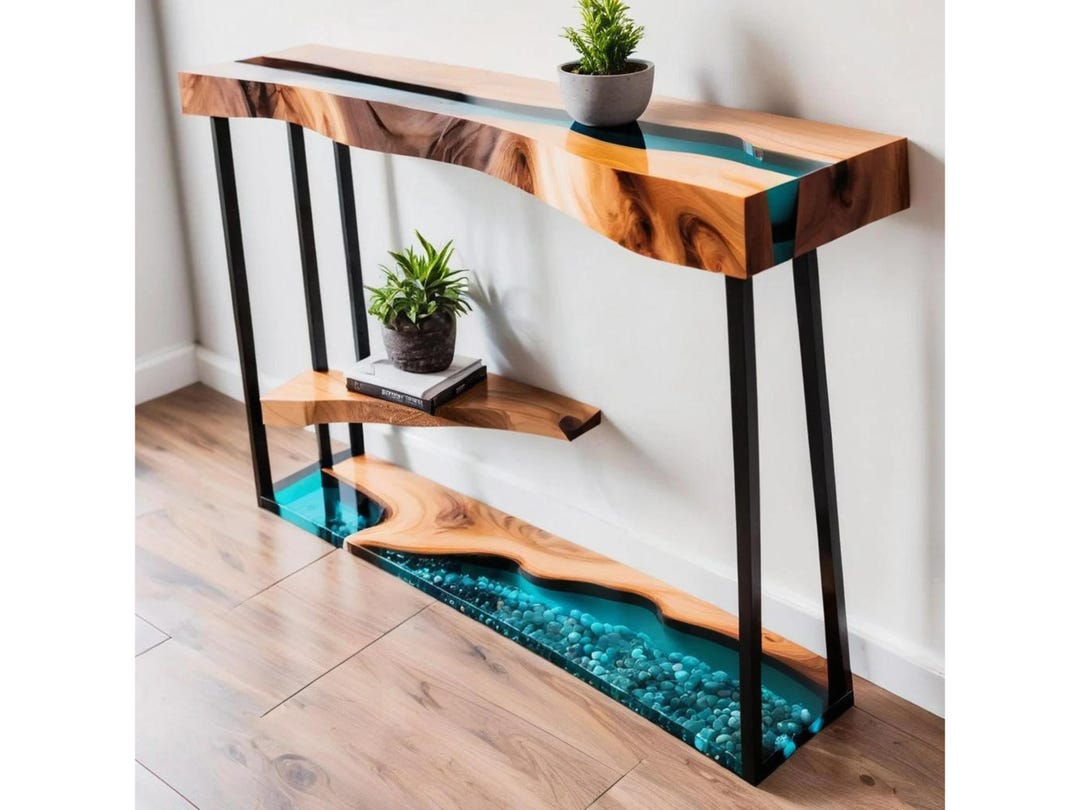Epoxy Resin Console Table Top, Solid Wood River Design, Modern Ocean ...
