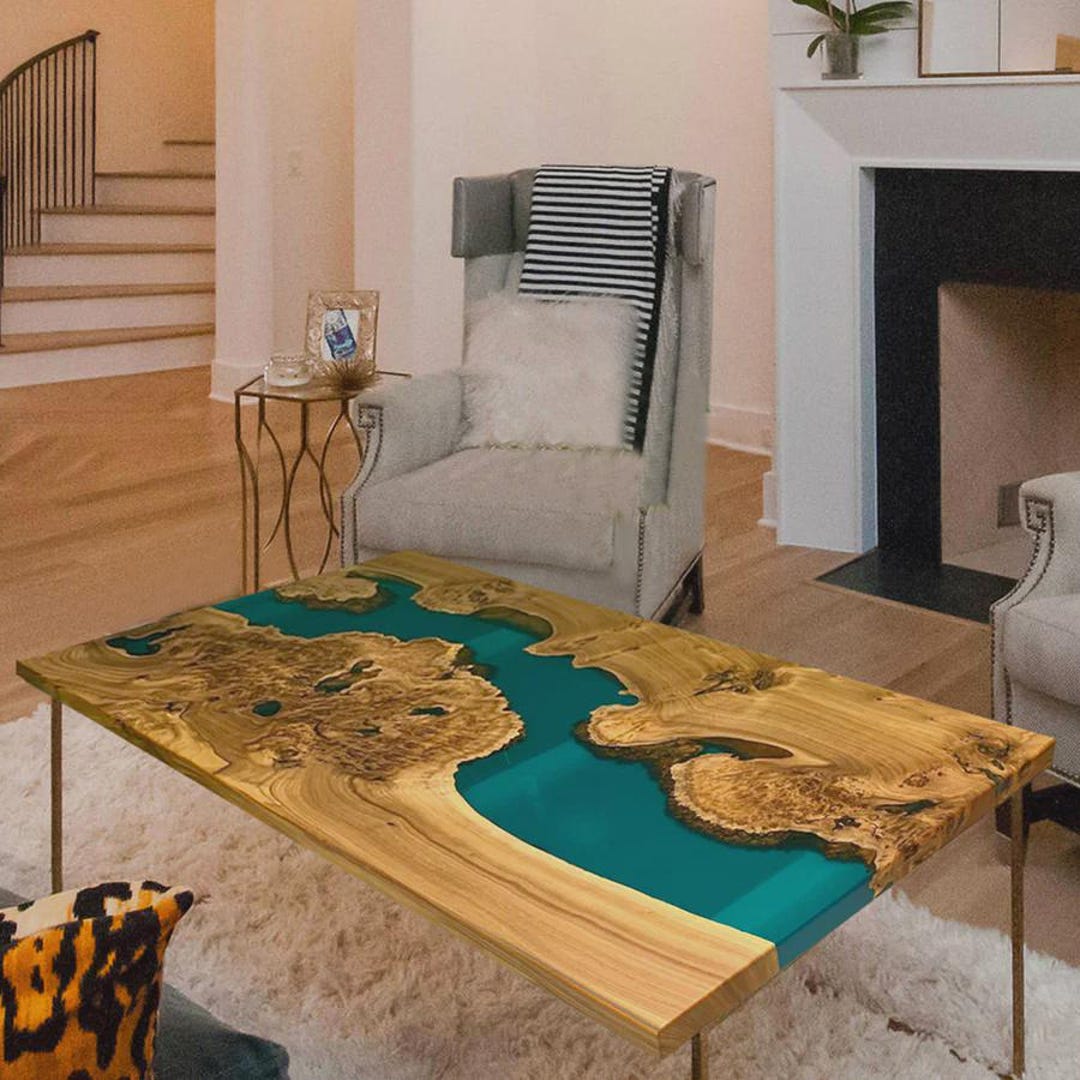 Live Edge River Dining Table Top | Teal Blue Epoxy Resin, Solid Wood - Etsy