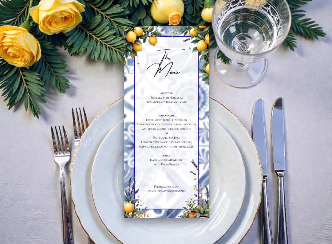 Amalfi Coast Lemon Editable Summer Wedding Menu, Mediterranean Blue ...