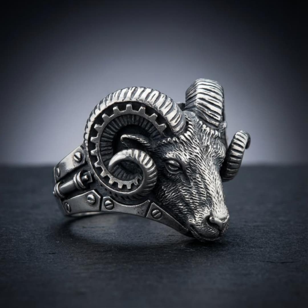 Steampunk Ram Head Ring | Oxidized Sterling Silver Biker Jewelry - Etsy