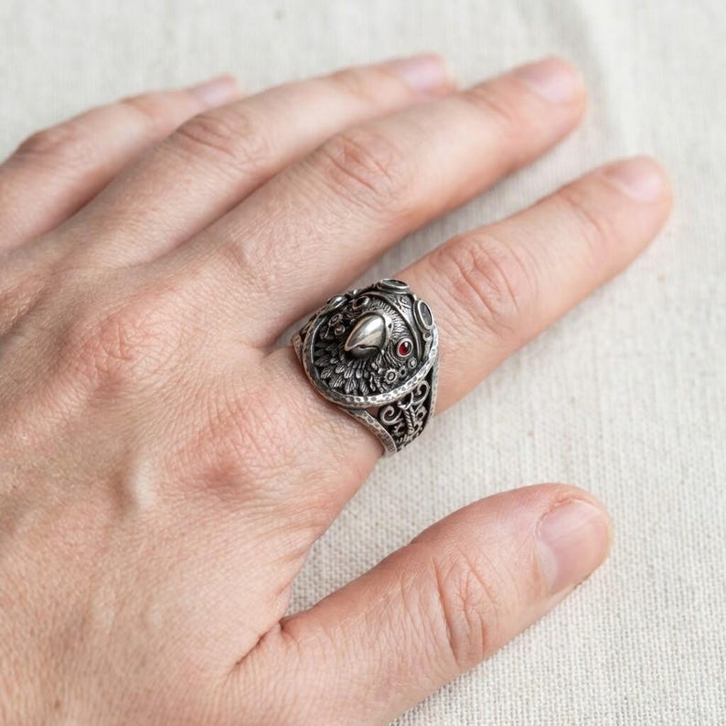 Steampunk Pirate Parrot Ring, Sterling Silver, Gothic Skull Gear ...