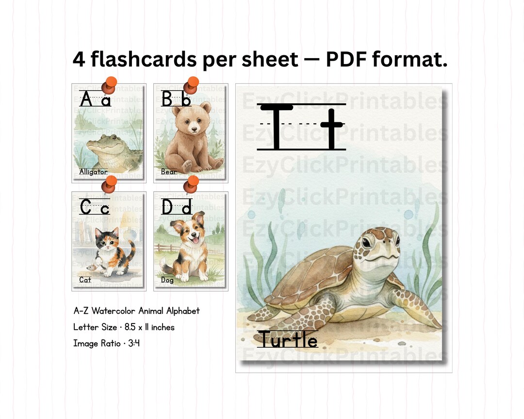 A–Z Watercolor Animal Alphabet Flashcards | Printable ABC Cards for ...