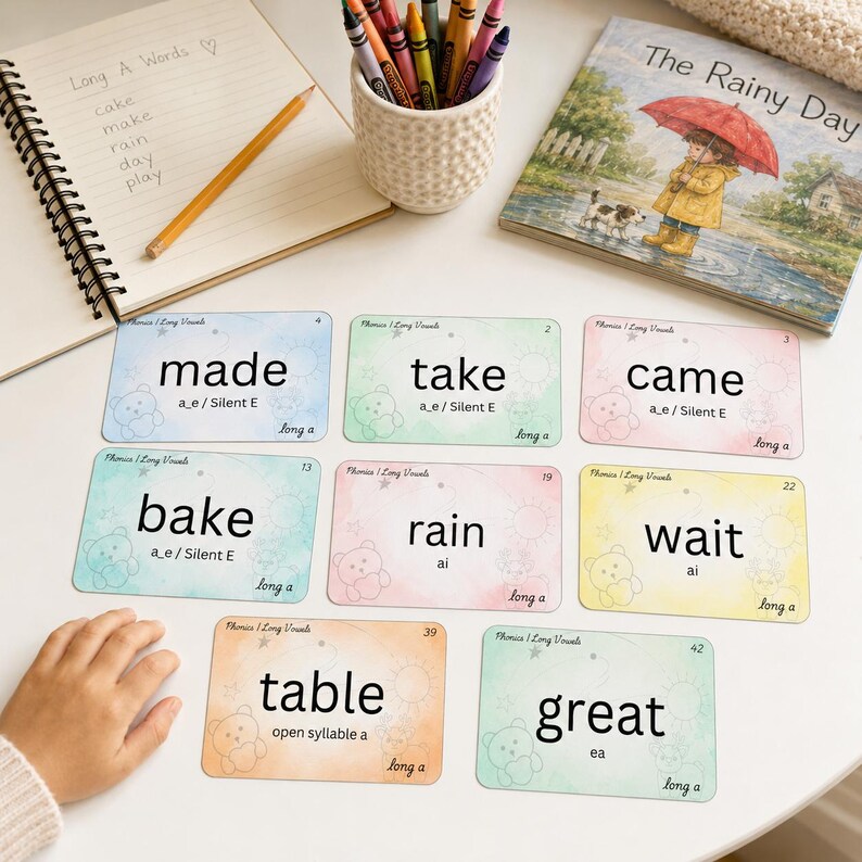 Long A Phonics Flashcards, 50 Printable Vowel Word Cards (digital ...