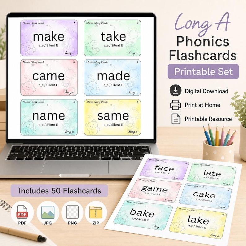 Long A Phonics Flashcards, 50 Printable Vowel Word Cards (digital ...