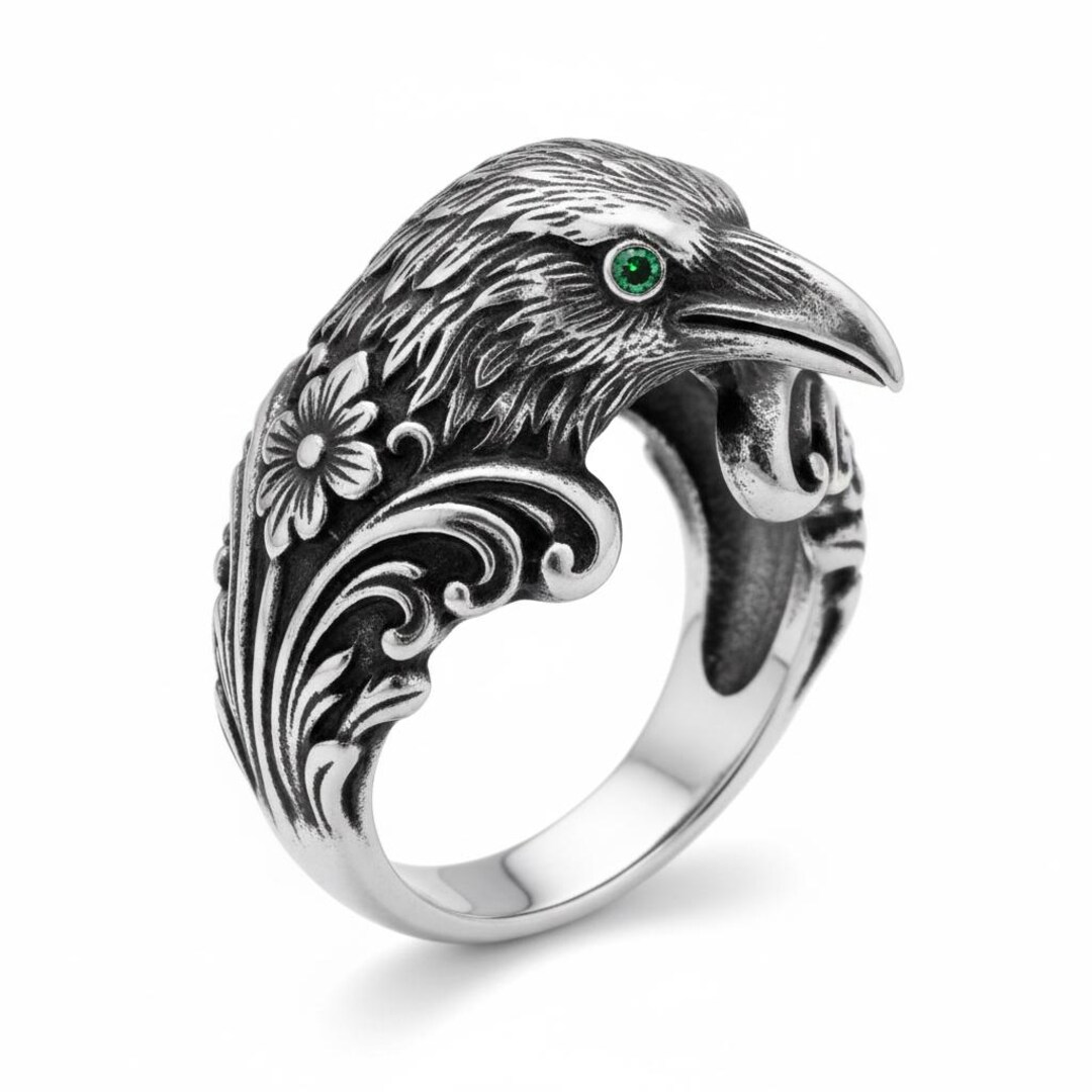 Gothic Raven Ring | Sterling Silver Crow With Green Stone Eyes - Etsy