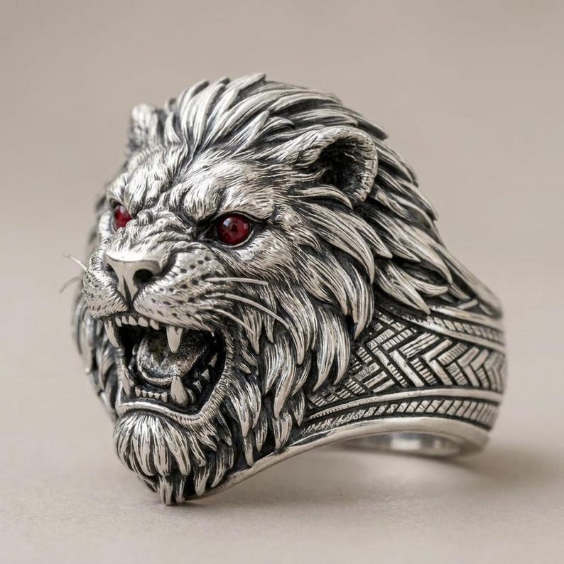 Sterling Silver Roaring Lion Ring, Red Gemstone Eyes, Gothic Biker ...