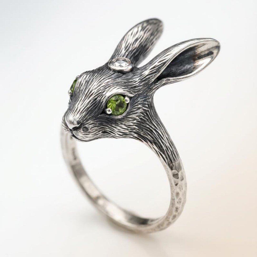 Oxidized Sterling Silver Rabbit Ring, Peridot Eyes, Diamond Tiara - Etsy