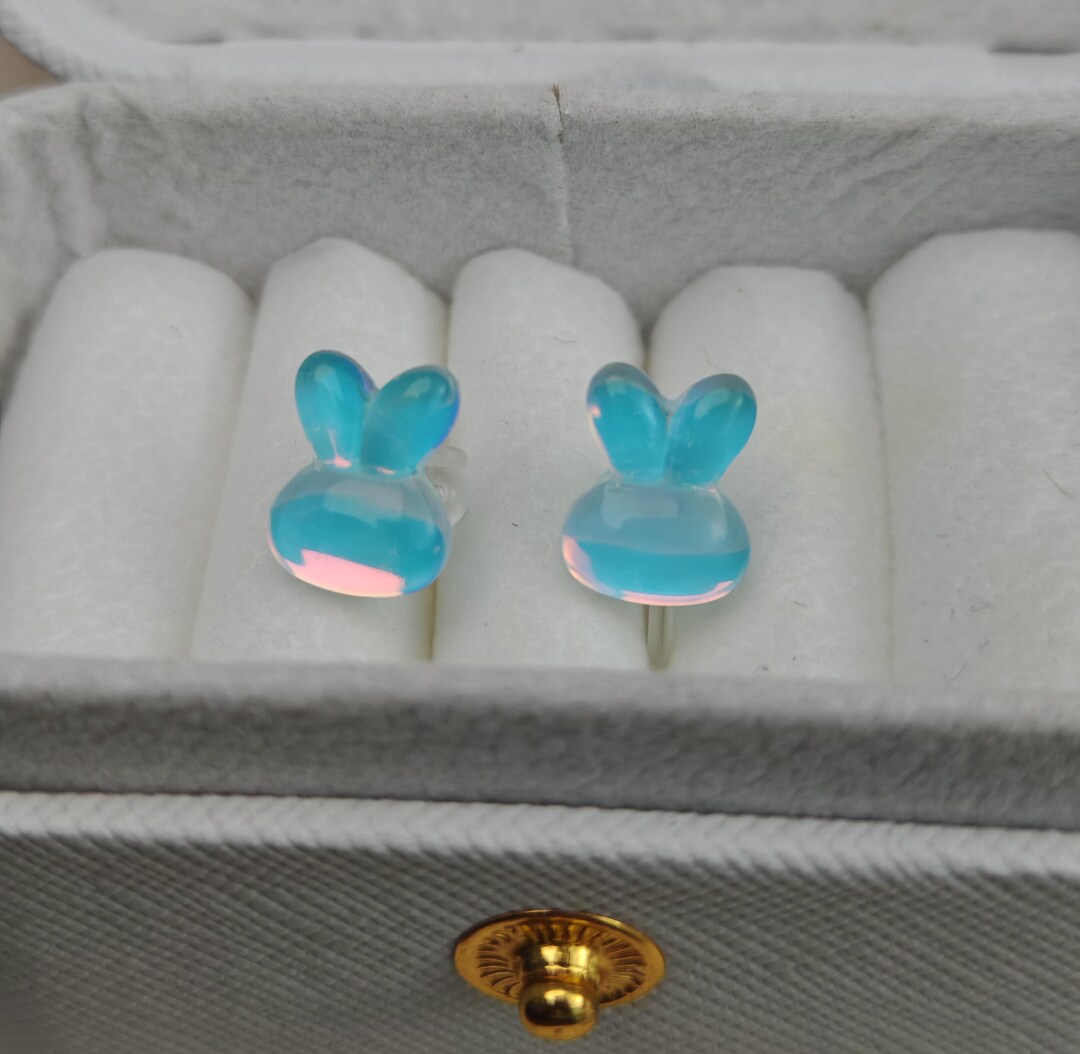 Blue Resin Bunny Ear Clip-on Earrings/painless Jewelry/pain-free ...