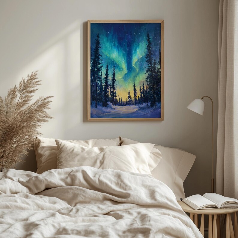 Vintage Northern Lights in Snowy Pine Forest - Moody Winter Landscape ...