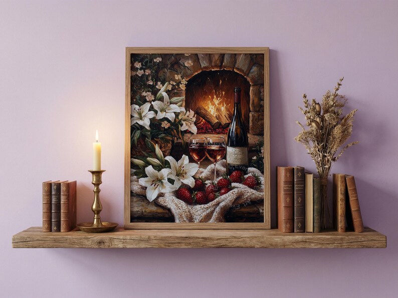 Romantic Fireside Picnic Realistic Art - Wine Glasses, Vintage Cozy ...