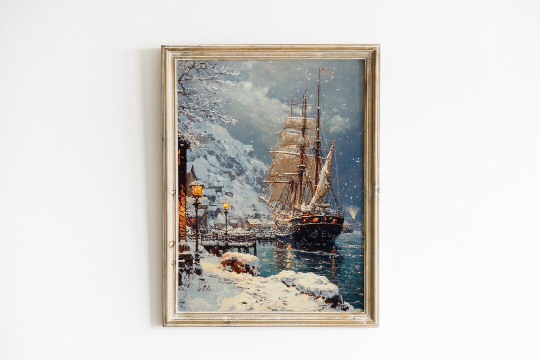 Vintage Winter Maritime Scene Printable - Moody Seascape Art, Three ...