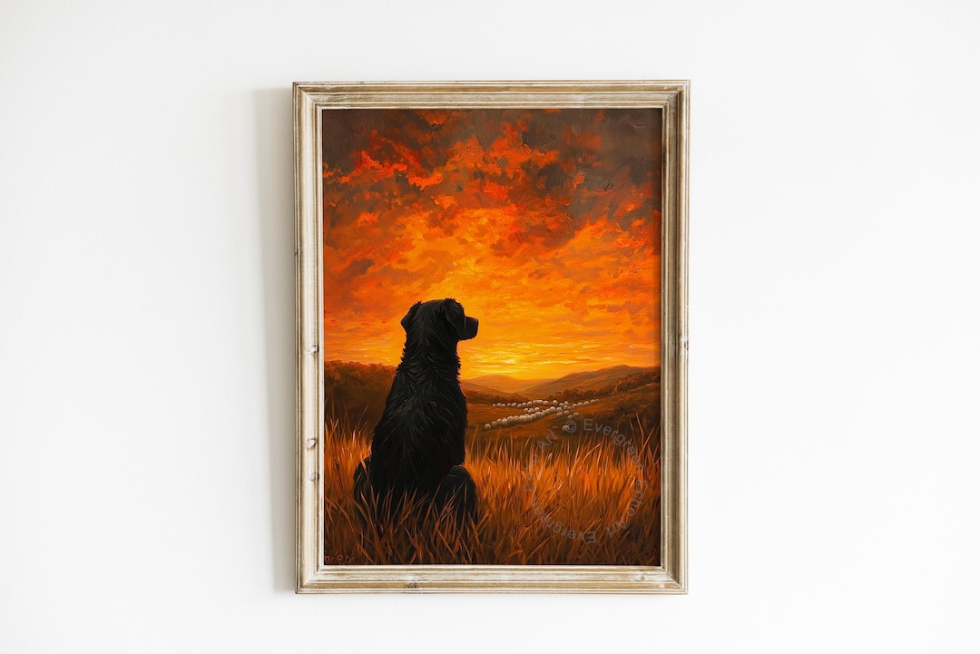 Moody Sunset Dog Painting - Dramatic Black Dog in Rustic Landscape ...