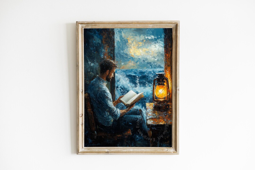 Seaside Reading Man - Vintage Oil Painting Style Art Print (digital ...