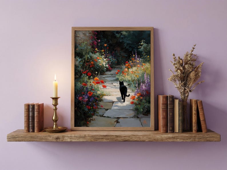 Black Cat on Charming Stone Path - Cottagecore Garden Painting, Moody ...