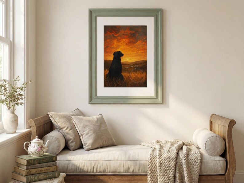 Moody Sunset Dog Painting - Dramatic Black Dog in Rustic Landscape ...