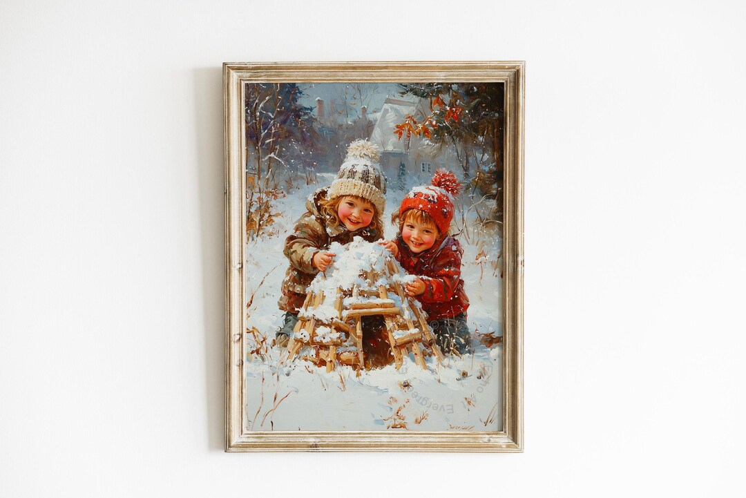 Printable Winter Nostalgia, Children Building Snow Fort - Vintage Cozy ...